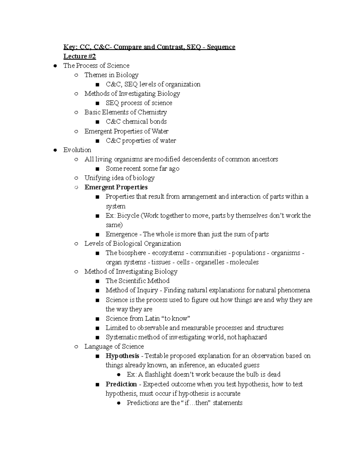 Bio Lecture #2 - Key: CC, C&C- Compare and Contrast, SEQ - Sequence ...