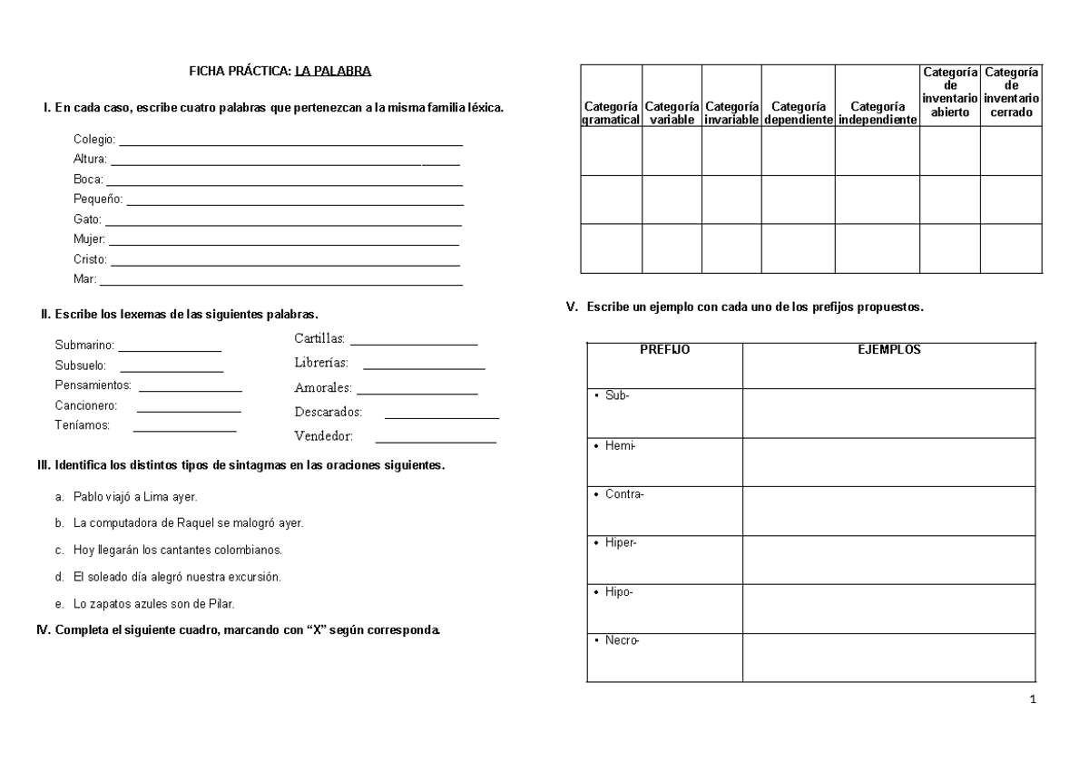 Ficha práctica de la palabra - FICHA PRÁCTICA: LA PALABRA I. En cada ...
