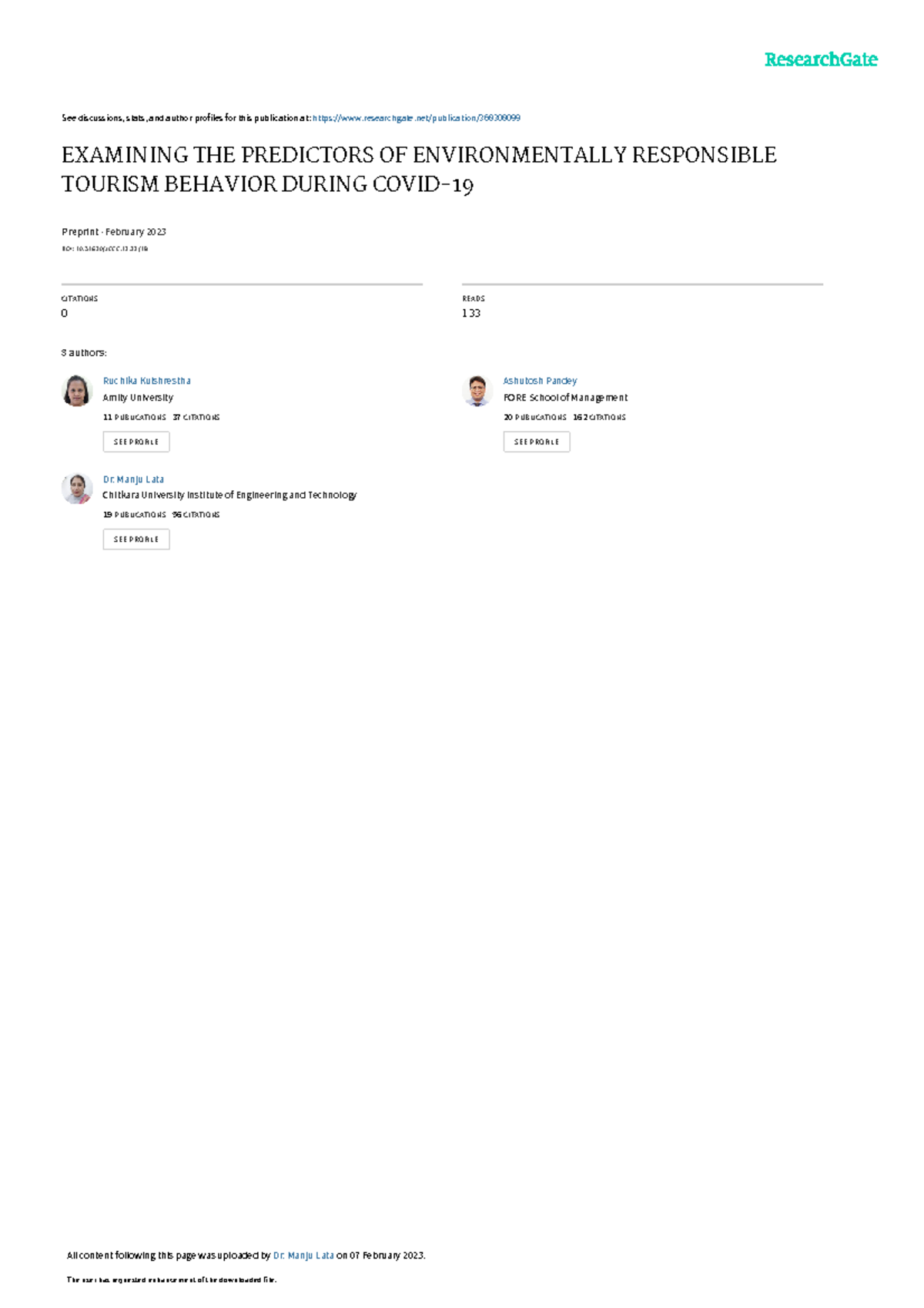 EXAMINING THE PREDICTORS OF ENVIRONMENTALLY RESPONSIBLE TOURISM ...