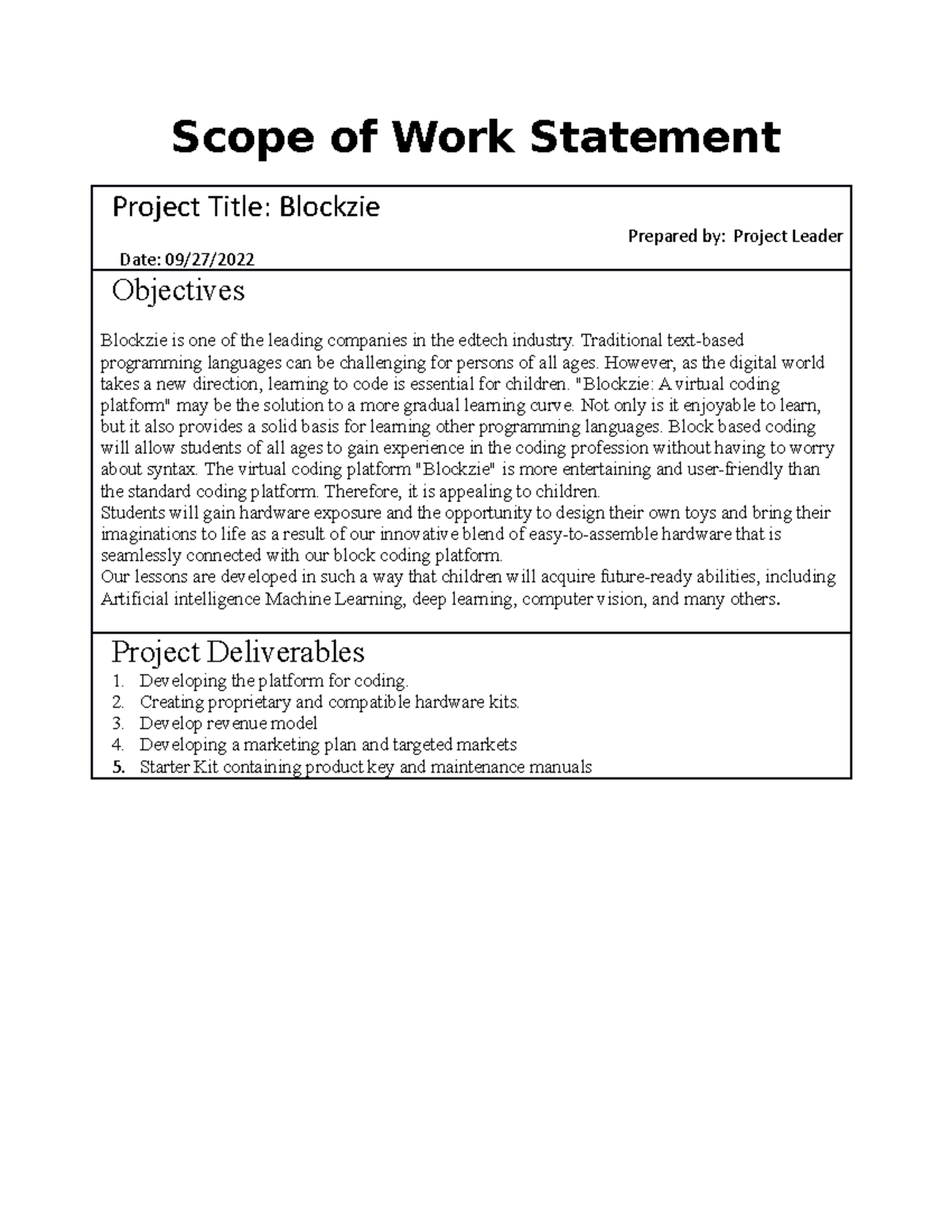 Scope Of Work Assignment final - Scope of Work Statement Project Title ...