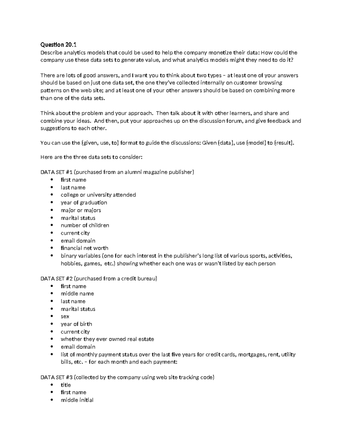 Homework 14 - Solution - Question 20. Describe analytics models that ...