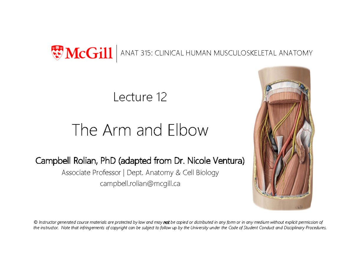 Lec 12 - Arm and Elbow - Class lecture slides - Lecture 12 The Arm and ...