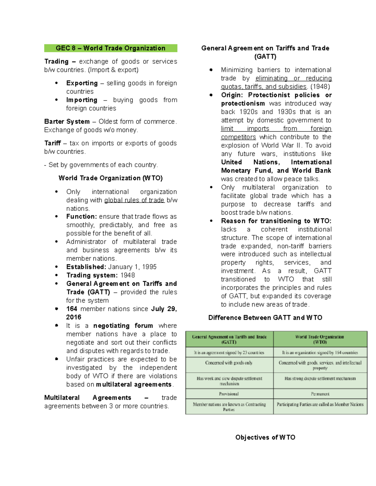 GEC 8 - Reviewer Prelims - GEC 8 – World Trade Organization Trading – exchange of goods or ...