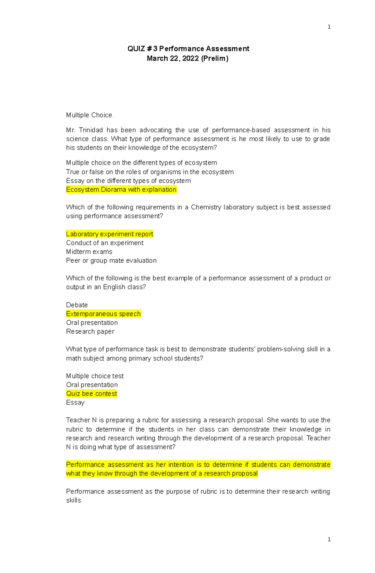 Quiz 3 Performane Assessment - 1 QUIZ # 3 Performance Assessment March ...