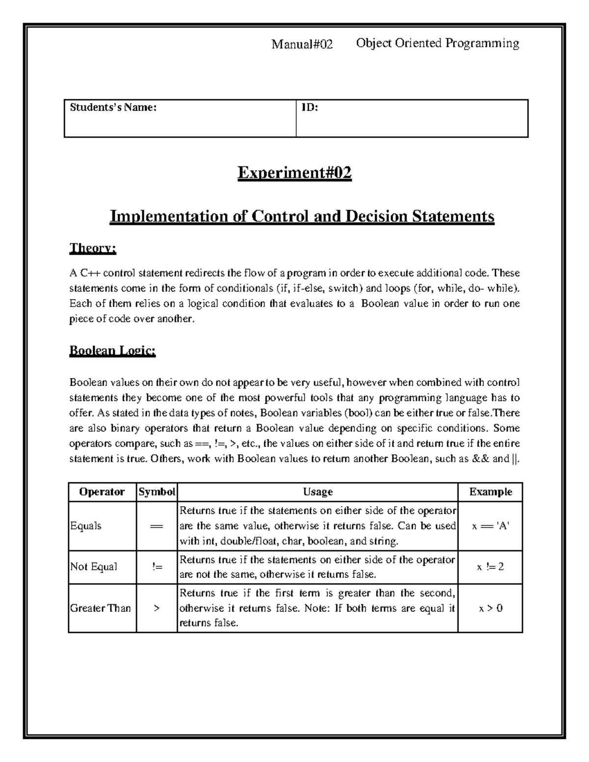 Lab 2 - Lab Manual - Students’s Name: ID: Experiment# Implementation of ...