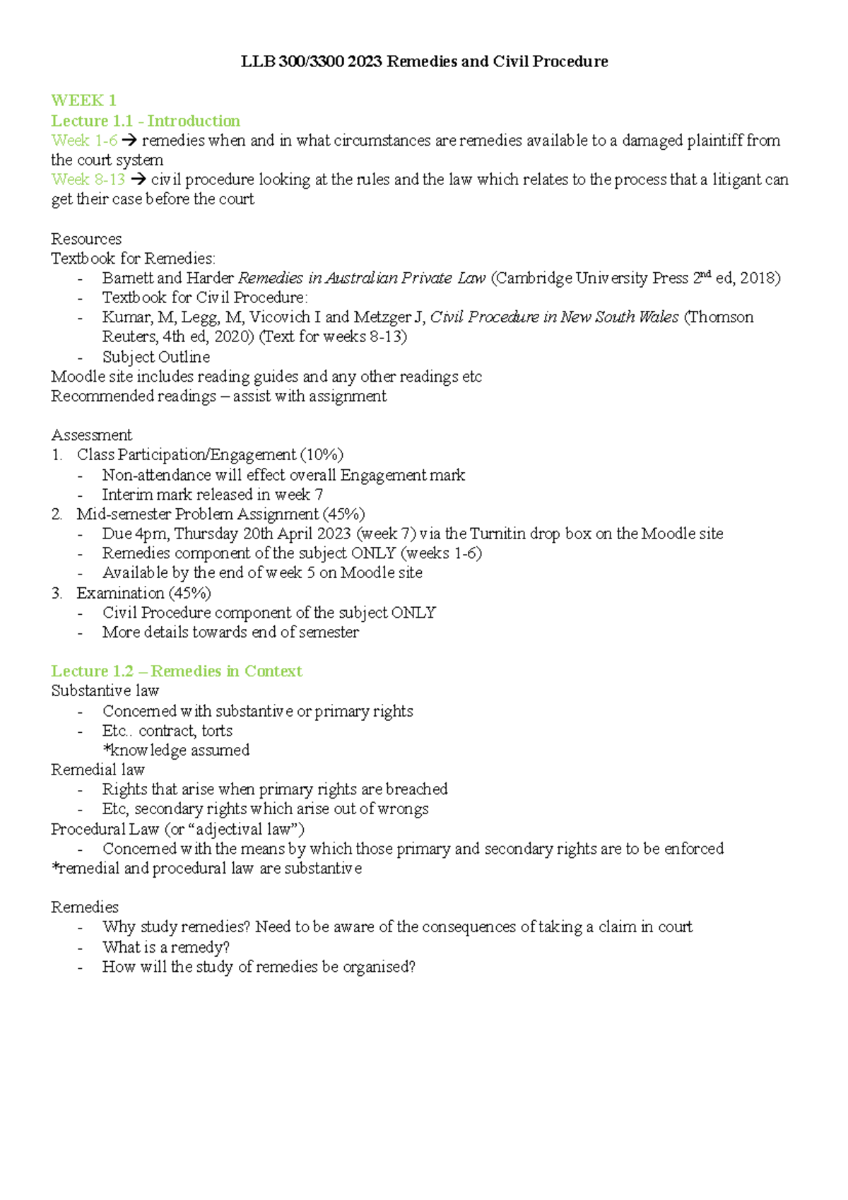 Notes - LLB 300/3300 2023 Remedies and Civil Procedure WEEK 1 Lecture 1 ...