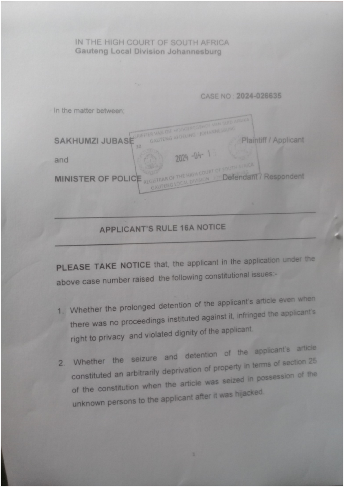 NOTICE IN TERMS OF RULE 16A - LAW 101 - Studocu