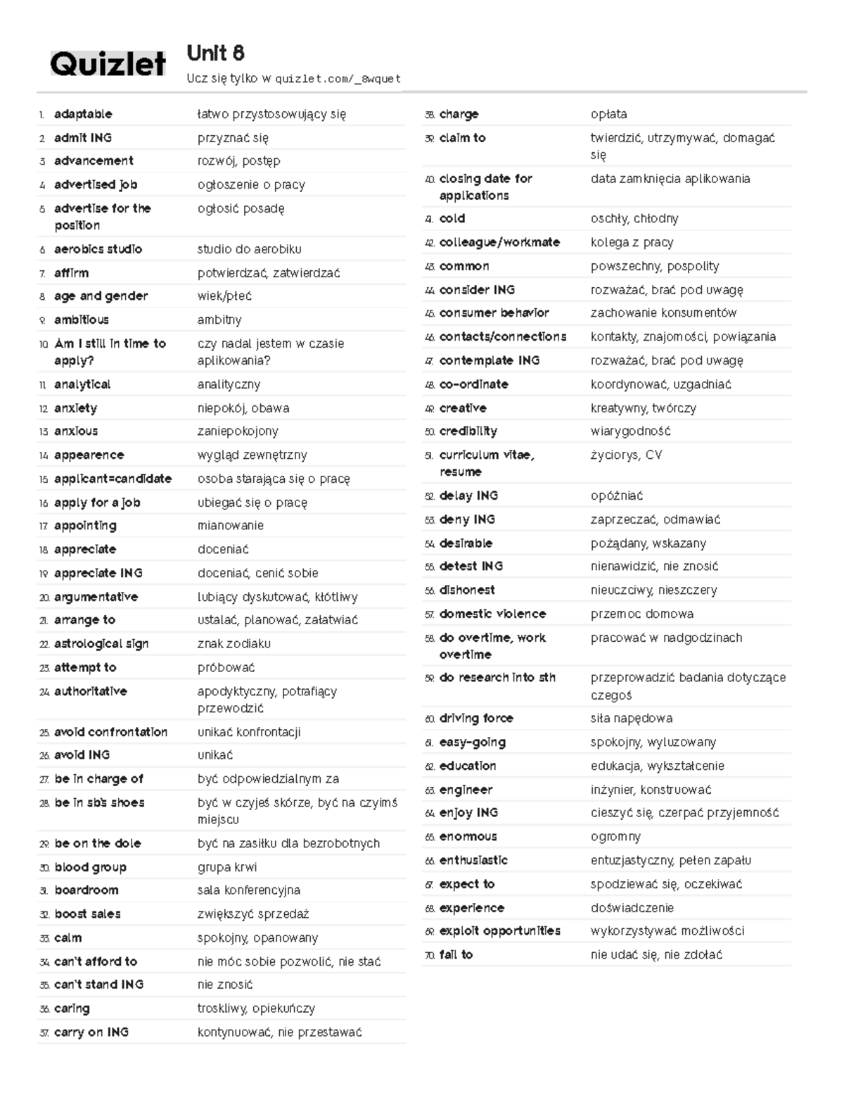 Unit 8 - Unit 8 - słownictwo z działu - adaptable łatwo przystosowujący ...