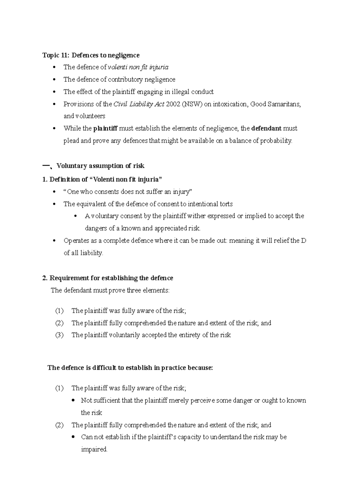 Defense of negligence - Lecture notes 9 - Topic 11: Defences to ...