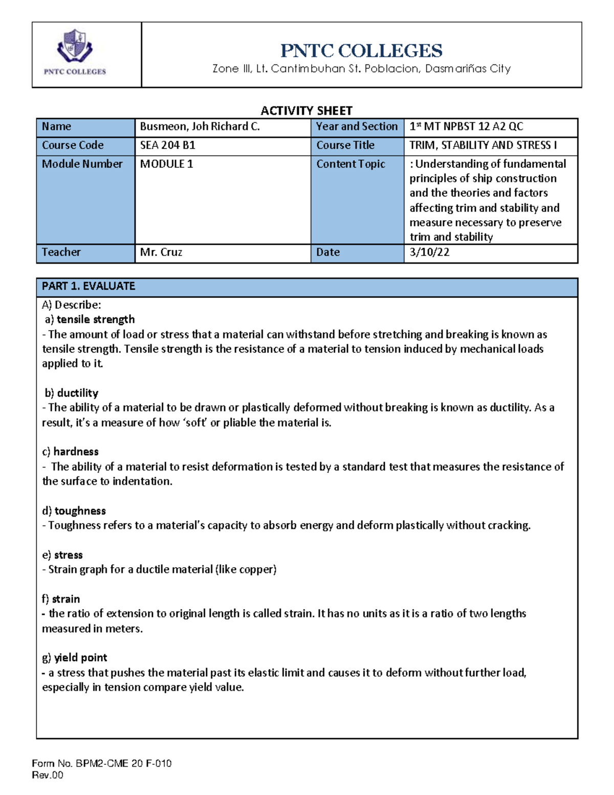 SEA MOD 1 - Module 1 - PNTC COLLEGES Zone III, Lt. Cantimbuhan St ...