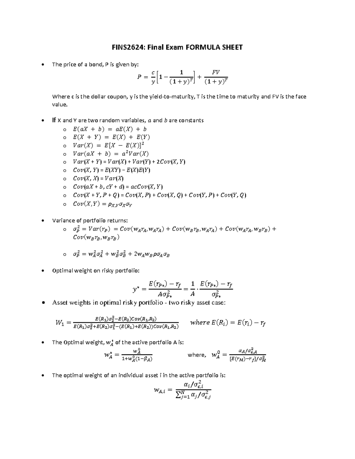 Exam Formula Sheet - FINS2624: Final Exam FORMULA SHEET The price of a ...
