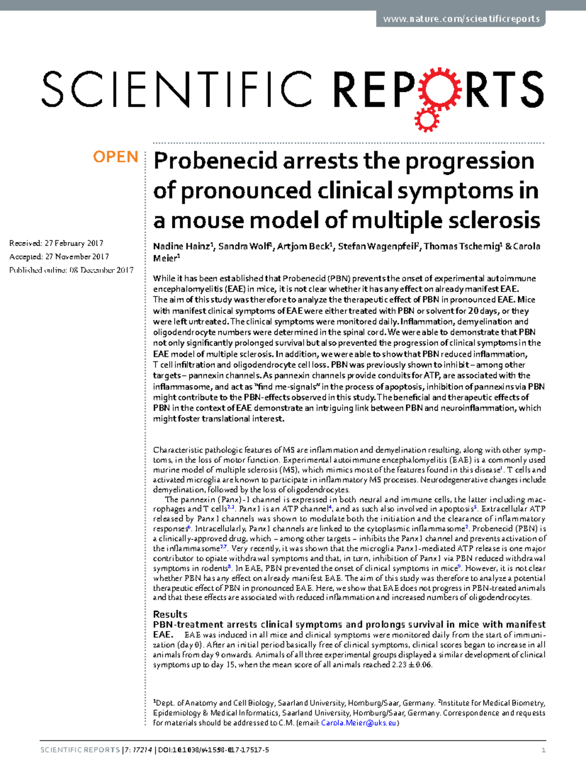Probenecid arrests the progression of pronounced clinical symptoms in a ...