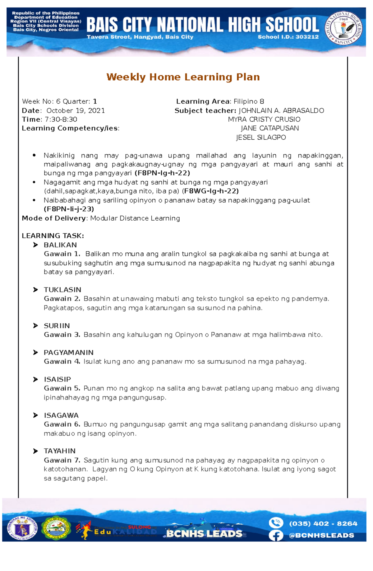 WHLP-Filipino-8-QUARTER 1-W6 Abrasaldo - Weekly Home Learning Plan Week ...