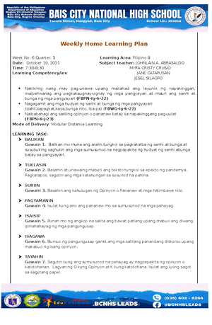 FILIPINO 8 IKALAWANG MARKAHAN LAS Q2 WEEK 7 - WORKSHEET SA FILIPINO 8 LINGGO 7, IKALAWANG ...