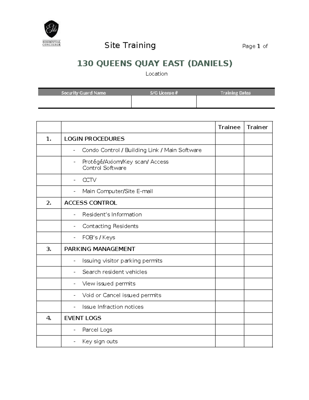 Training checklist v2 word - Checklist 5 130 QUEENS QUAY EAST (DANIELS ...