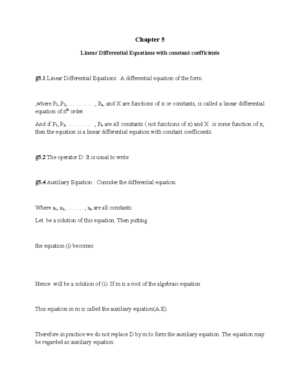 Lecture 05 Note Chapter 5 5 - Chapter 5 Linear Differential Equations with constant coefficients ...