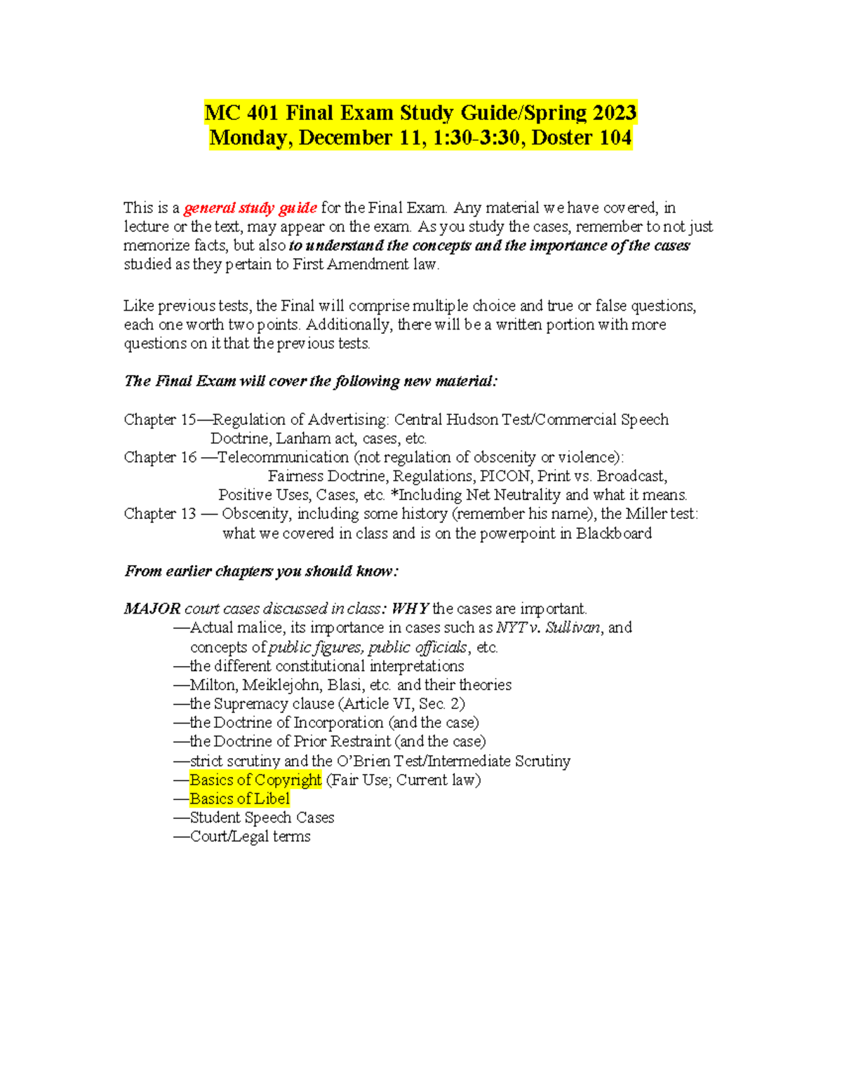 MC401Final Guide - n/a - MC 401 Final Exam Study Guide/Spring 2023 ...