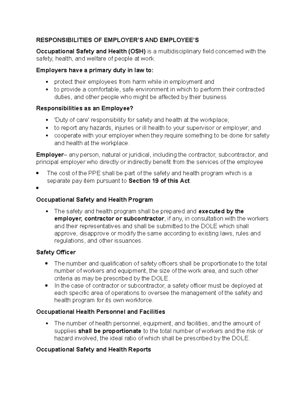 Responsibilities OF Employer - RESPONSIBILITIES OF EMPLOYER’S AND ...