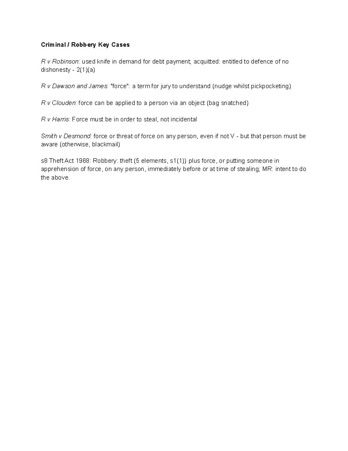 Criminal Robbery Key Cases - Criminal / Robbery Key Cases R v Robinson ...