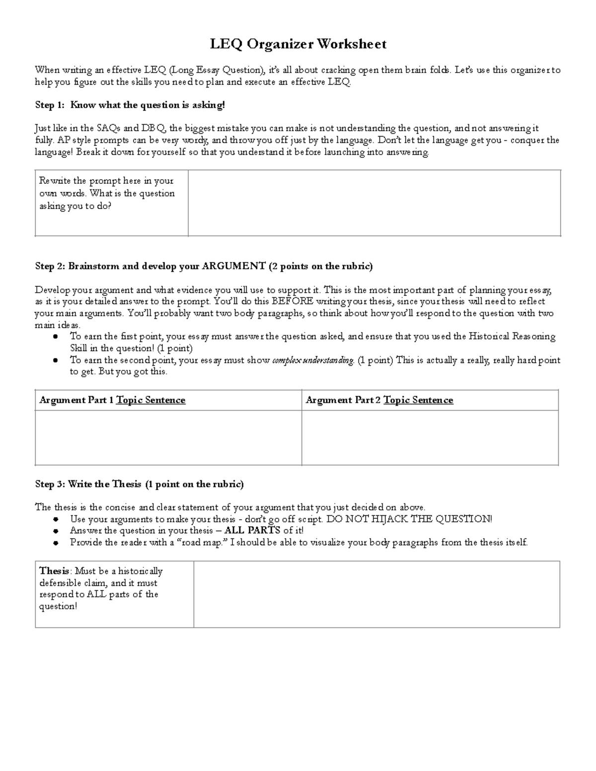 Copy of LEQ Organizer Worksheet - LEQ Organizer Worksheet When writing ...