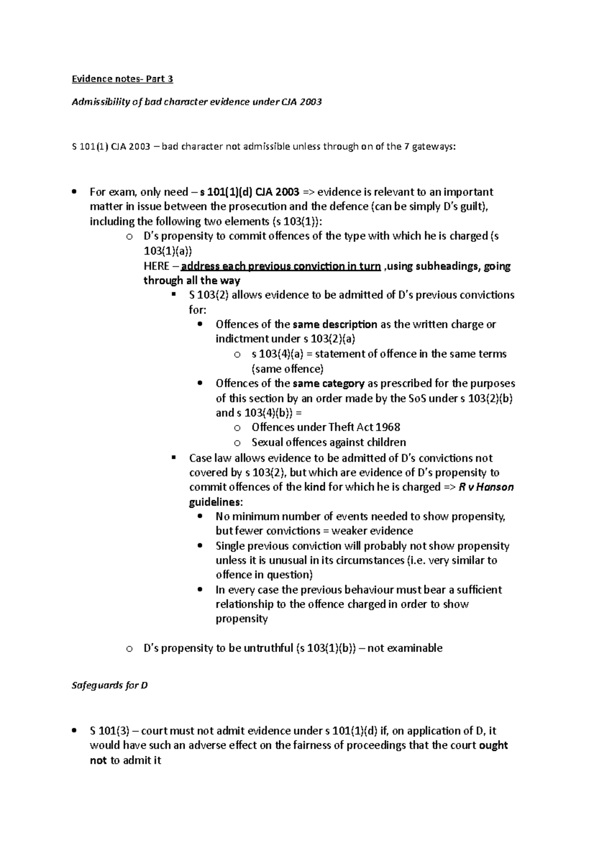 Evidence notes-Part 3 - Evidence notes- Part 3 Admissibility of bad ...