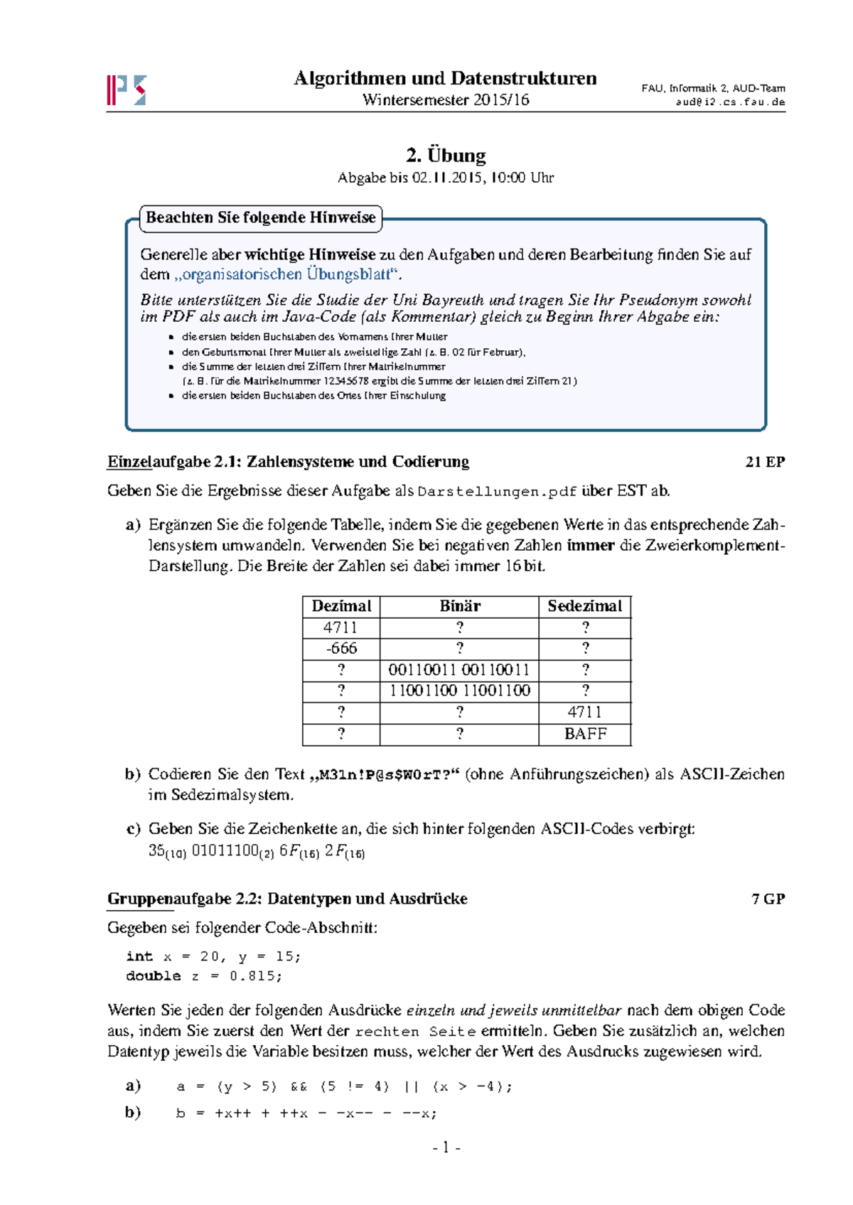Uebung 02 - Übungsaufgaben in AUD Wintersemester - Algorithmen und ...