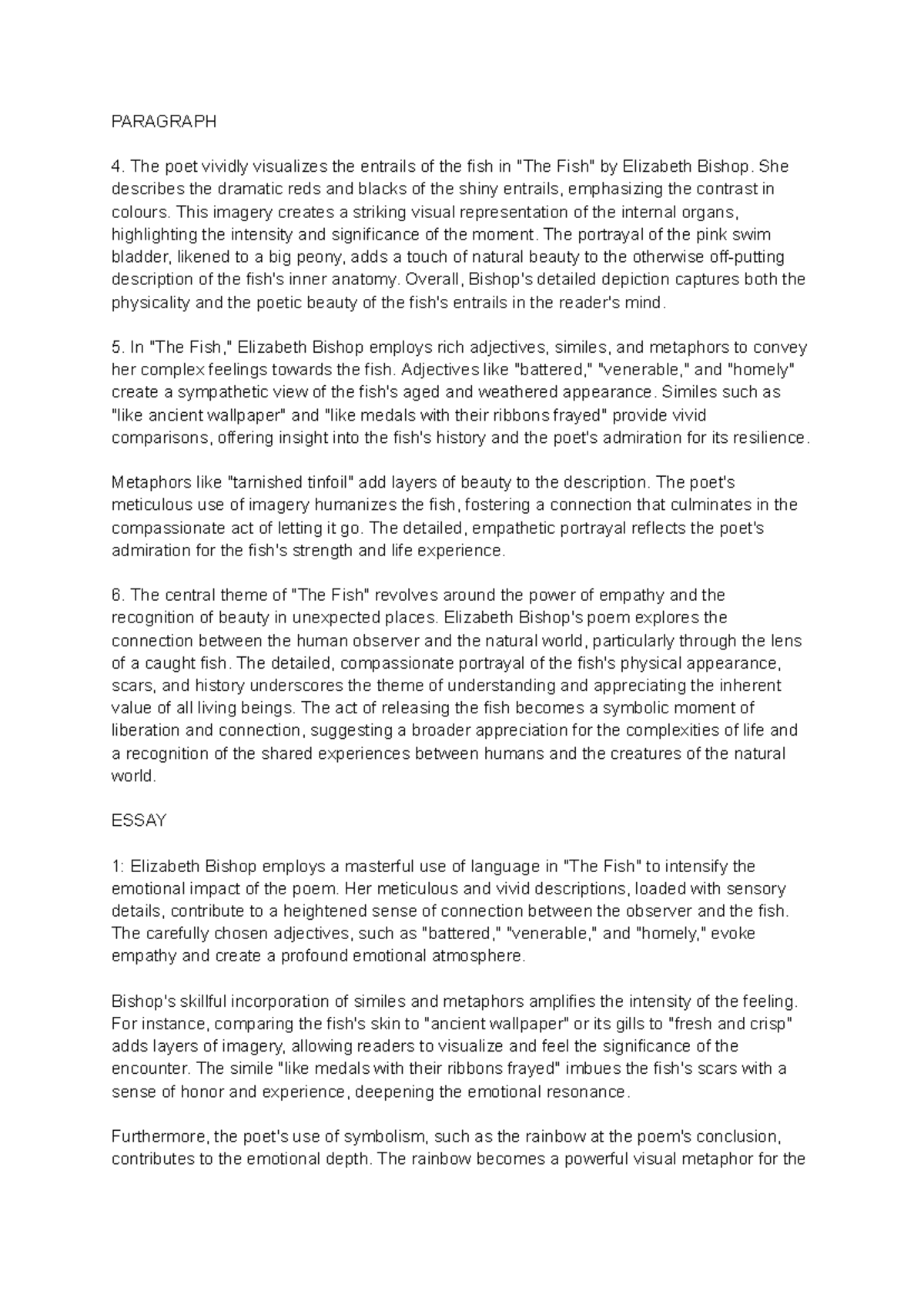 The Fish by Elizabeth Bishop Paragraph Answers - PARAGRAPH The poet ...