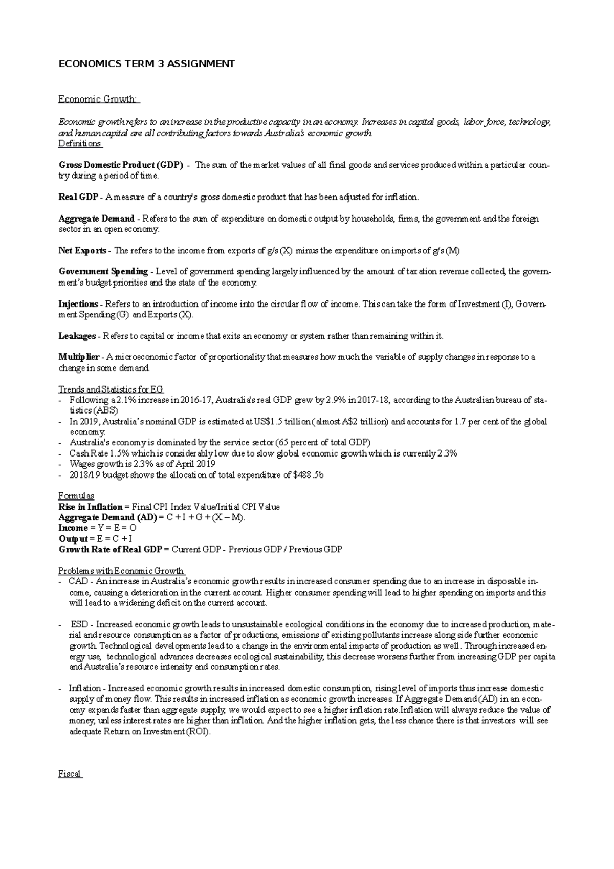 Eco t3 assignemnt 1 - ECONOMICS TERM 3 ASSIGNMENT Economic Growth: Economic growth refers to an ...