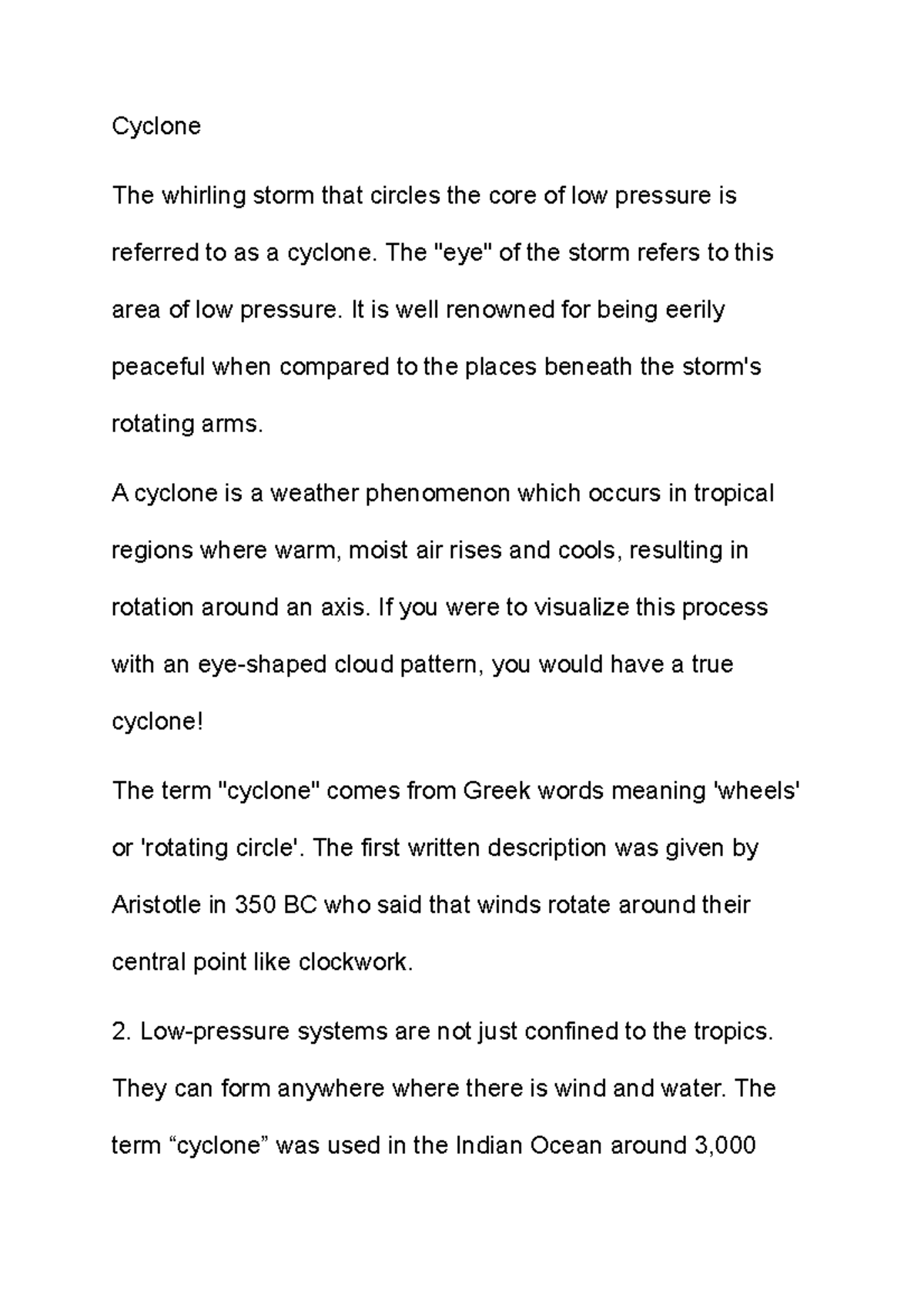 Cyclone - Notes - Cyclone The whirling storm that circles the core of ...