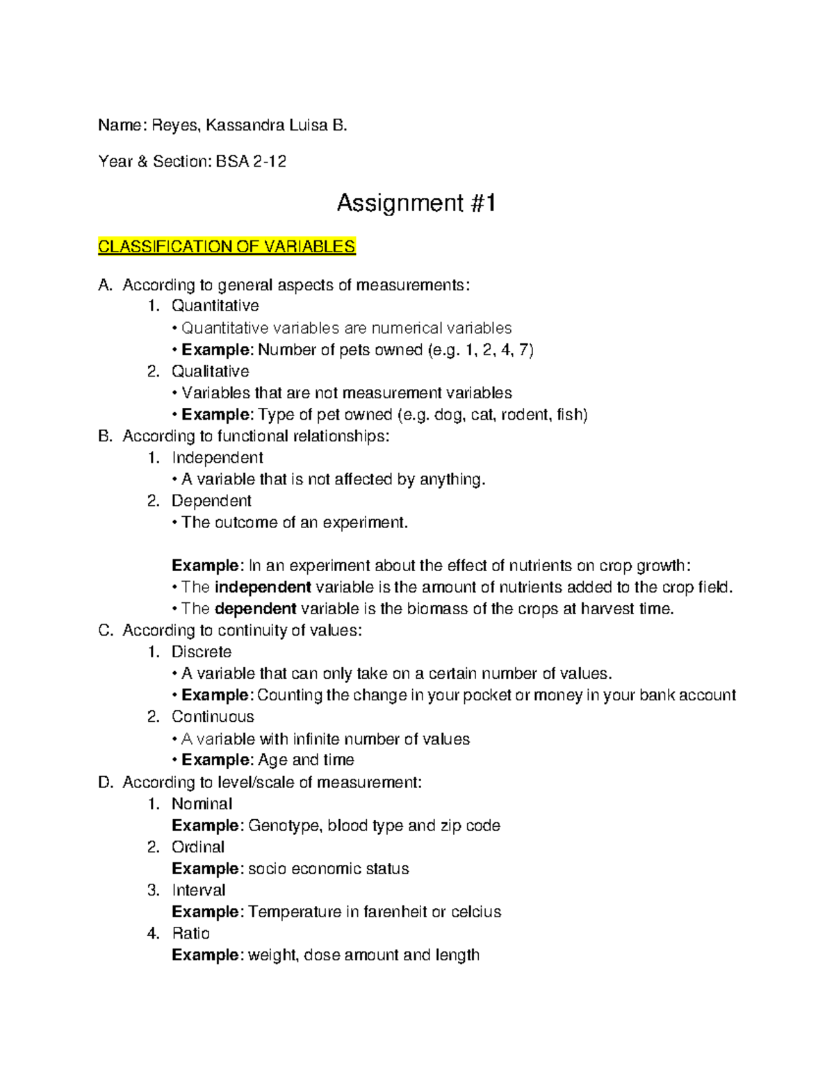 Stats Activity 1 - Name: Reyes, Kassandra Luisa B. Year & Section: BSA ...