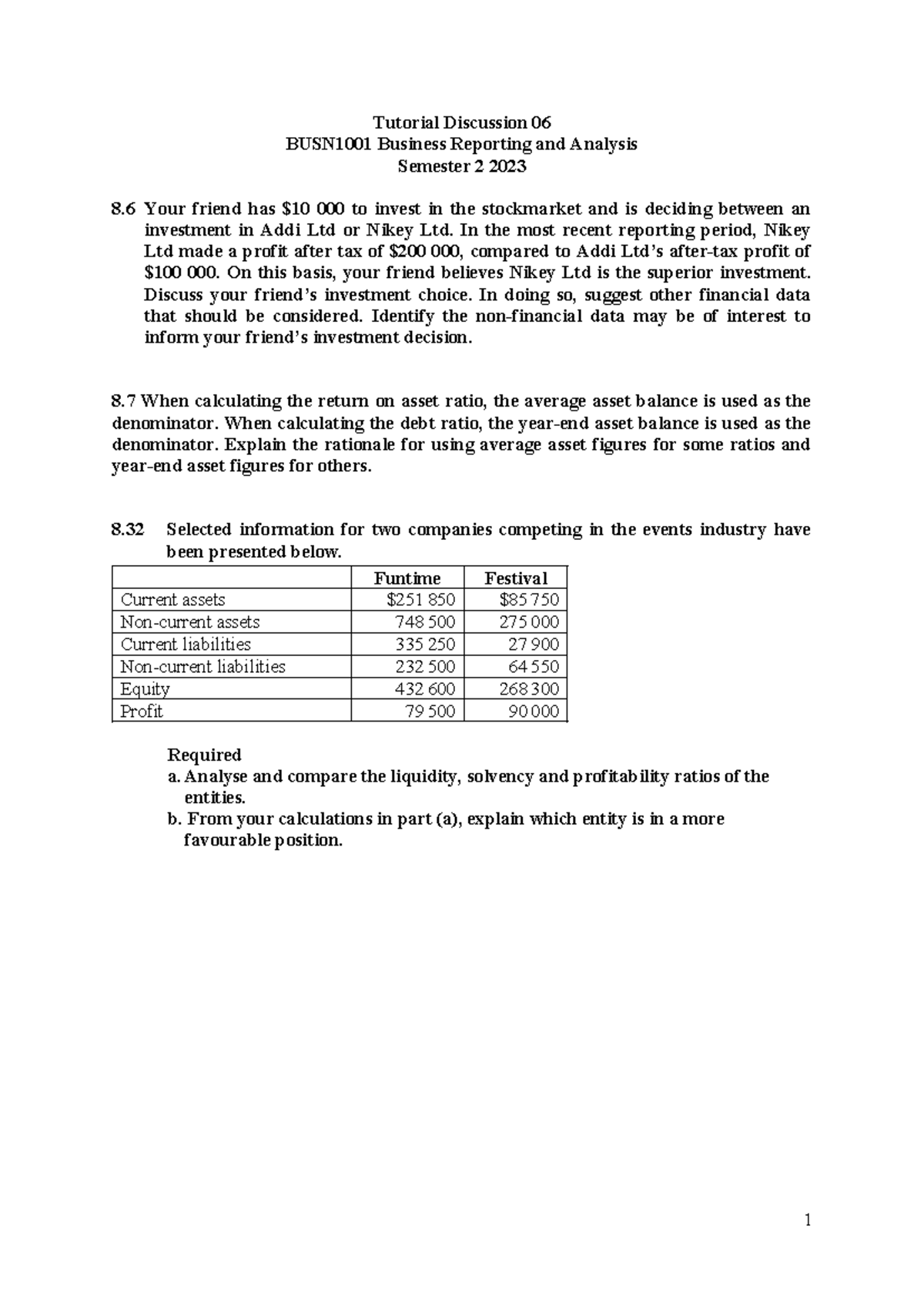 Tutorial Discussion 06 question - Tutorial Discussion 06 BUSN1001 ...