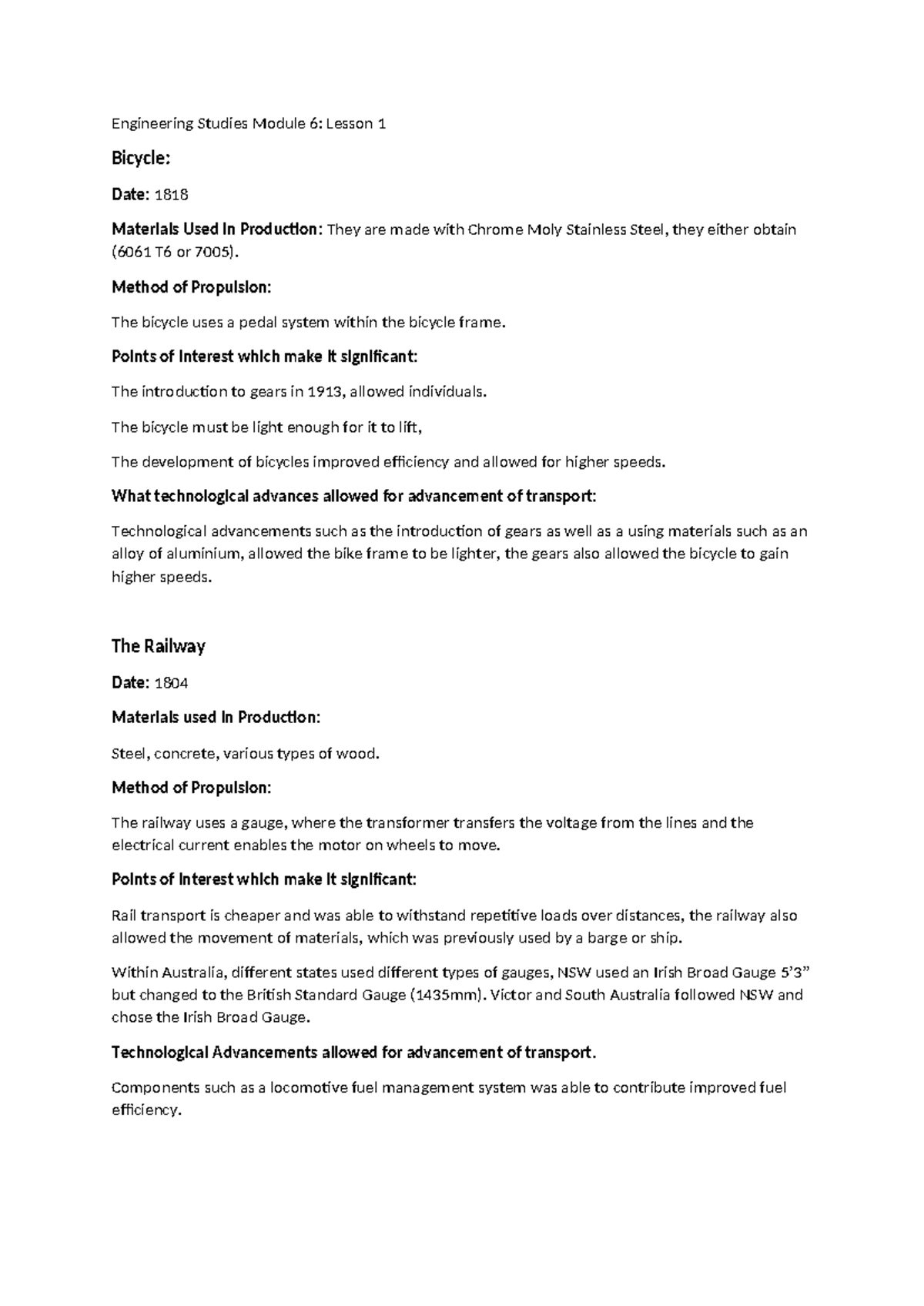 Engineering Studies Module 6 - Method of Propulsion: The bicycle uses a ...