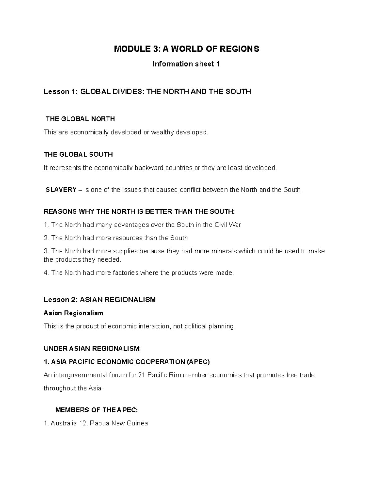 CW - learn - MODULE 3: A WORLD OF REGIONS Information sheet 1 Lesson 1: GLOBAL DIVIDES: THE ...