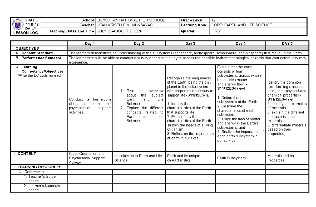 WLL-ELS-Week 1-AN - oes - GRADE 11 & 12 DAILY LESSON LOG School ...