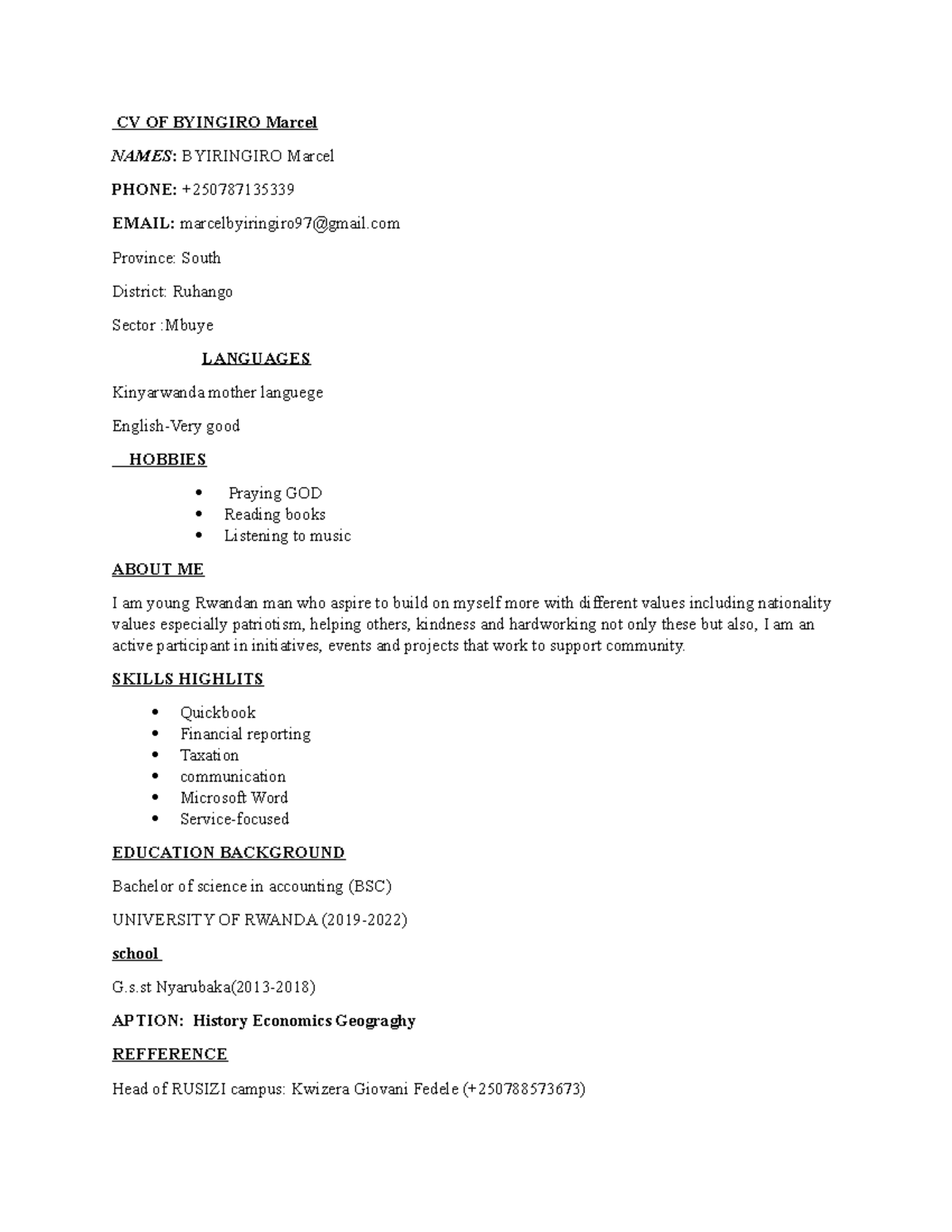 Marcel - good - CV OF BYINGIRO Marcel NAMES: BYIRINGIRO Marcel PHONE ...