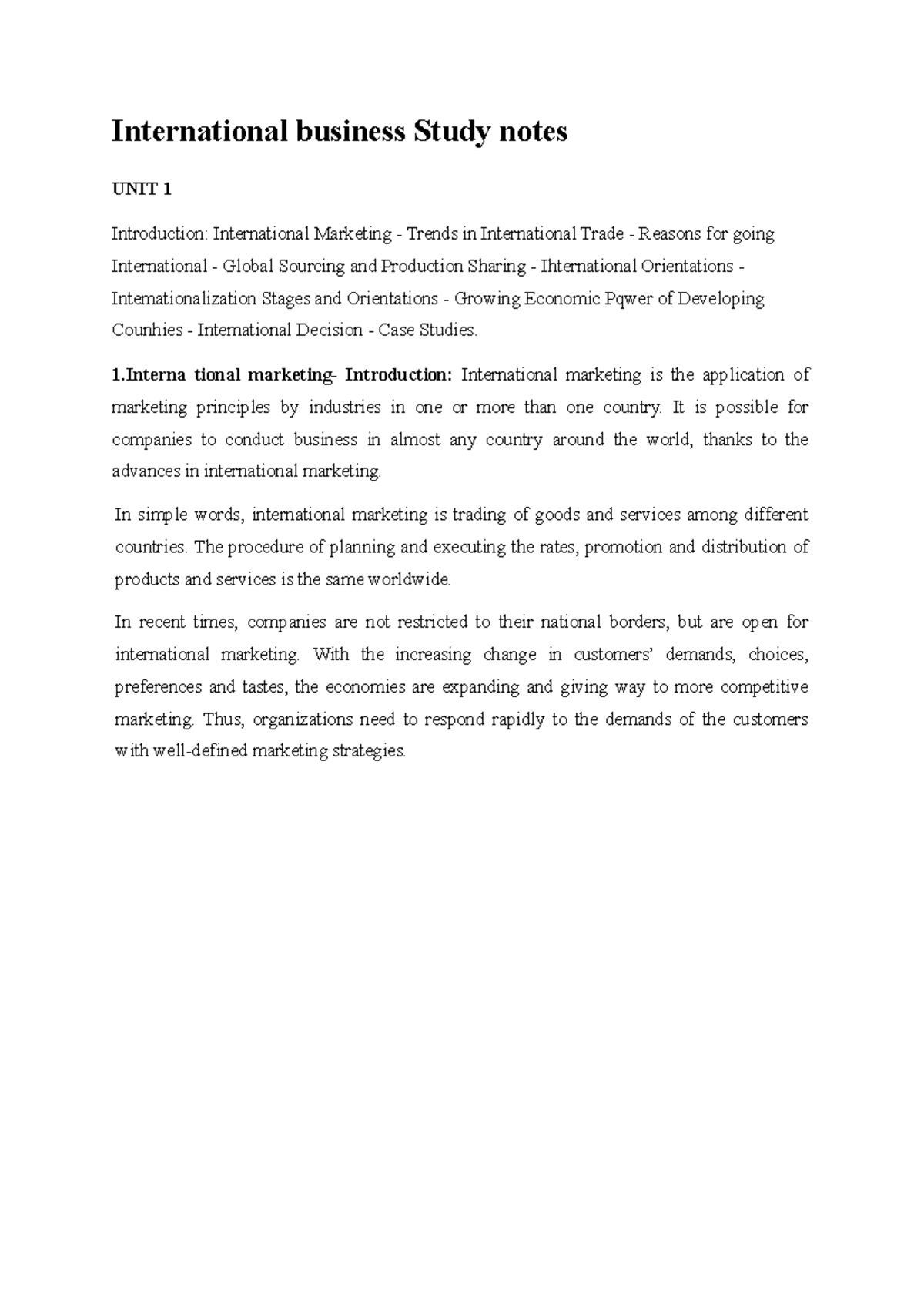 International business study notes - 1 tional marketing- Introduction ...