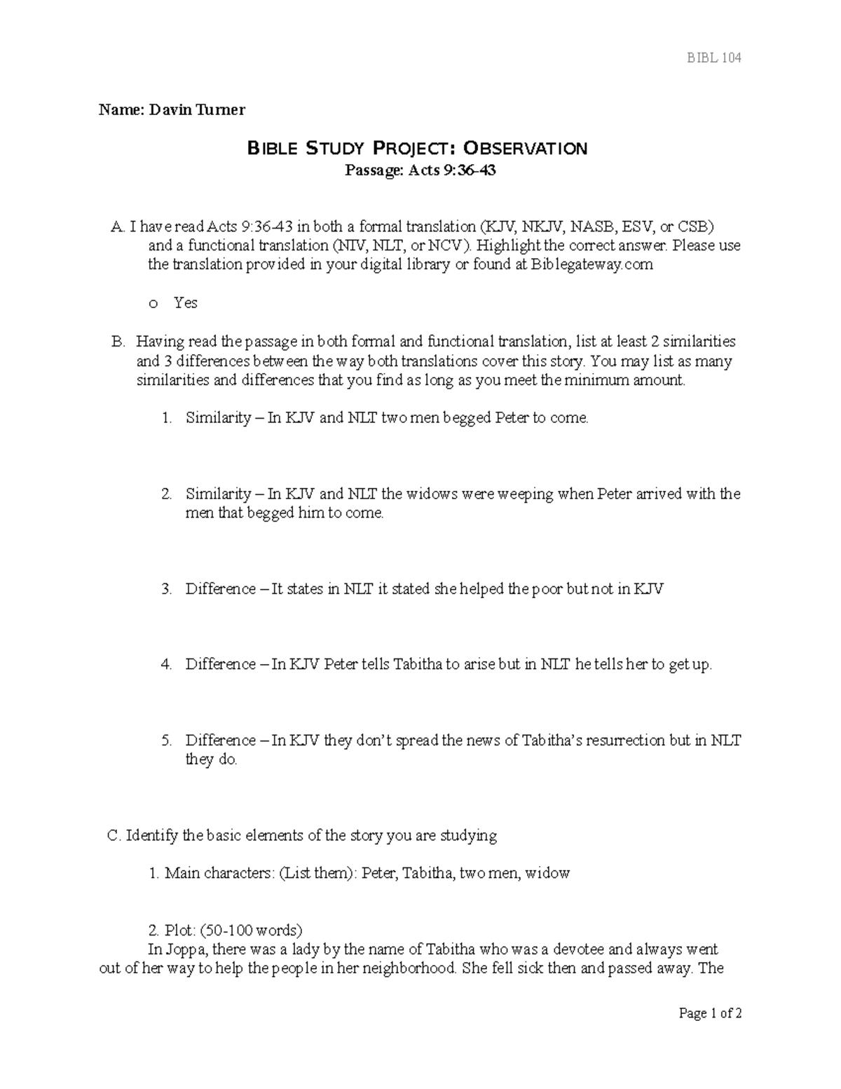 Bible Study Project Observation Template - CSIS 110 - LU - Studocu
