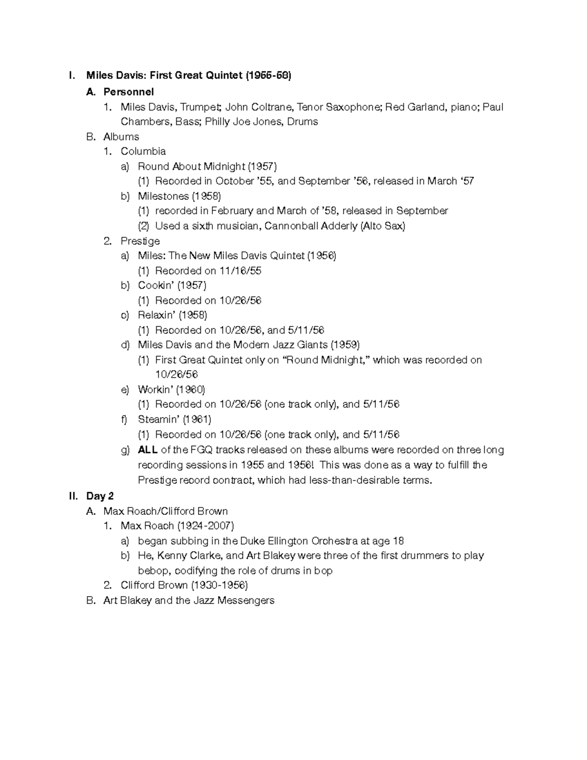 First Great Quintet Notes - I. Miles Davis: First Great Quintet (1955 ...