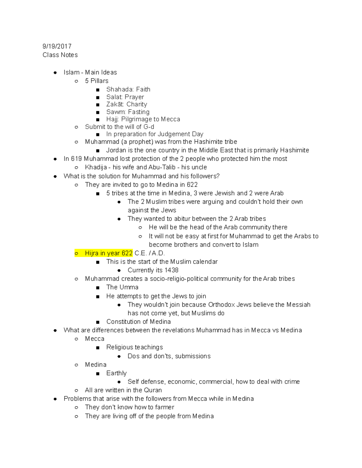 9%2F19%2F2017 - Class Notes - 9/19/2017 Class Notes Islam - Main Ideas ...