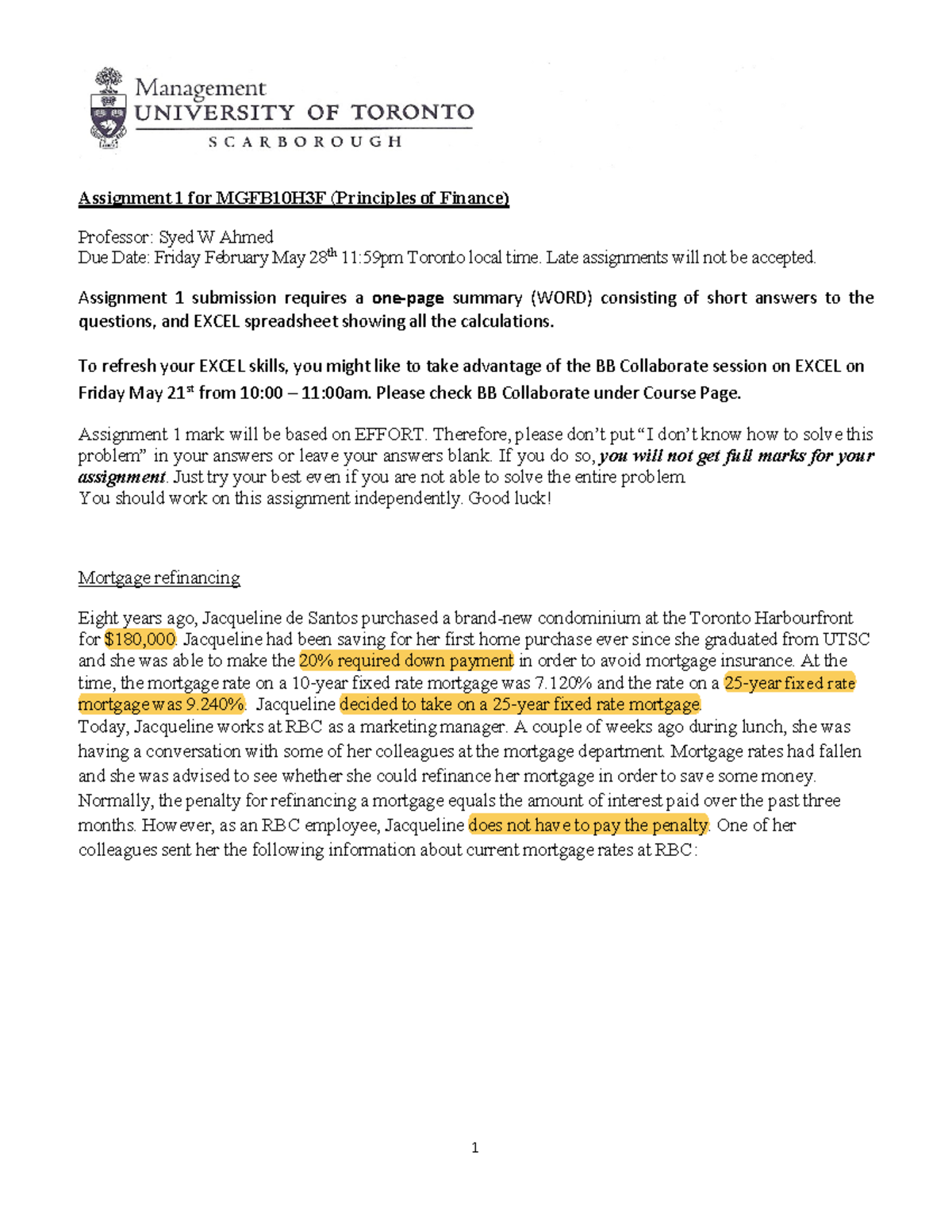 MGFB10 Assignment 1 Summer 2021 - 1 Assignment 1 for MGFB10H3F ( Pr inci ples of Finance ...