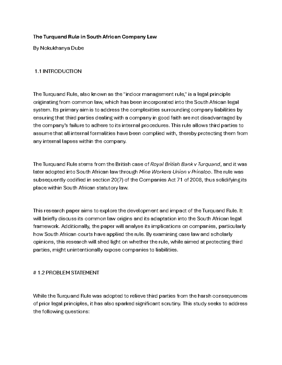 Turquand Rule and South African Company Law - Its primary aim is to ...