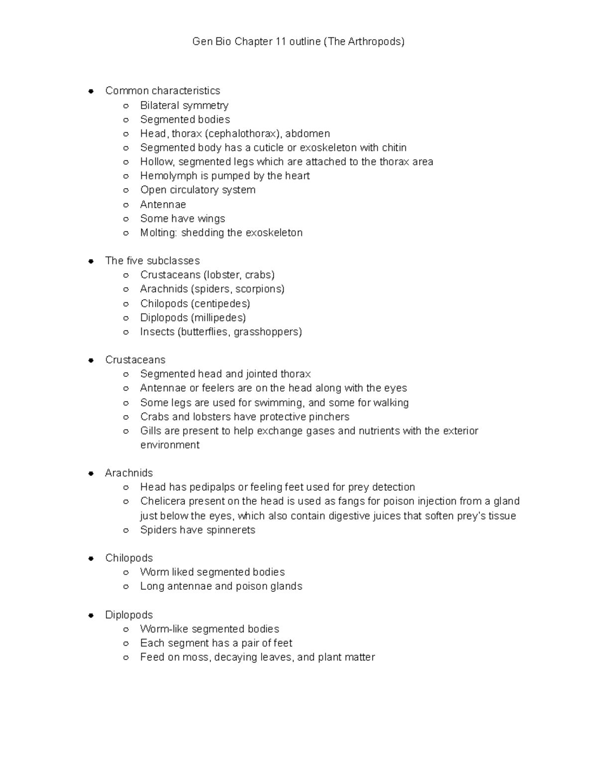 Gen Bio Chap 11 outline (The Arthropods) - Gen Bio Chapter 11 outline ...