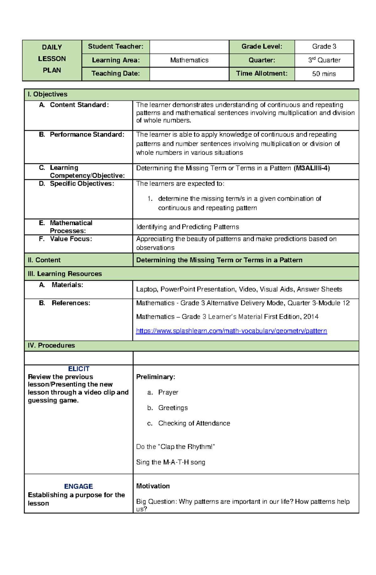 Lesson Plan Math Q3 Wk 8- Final - DAILY LESSON PLAN Student Teacher ...