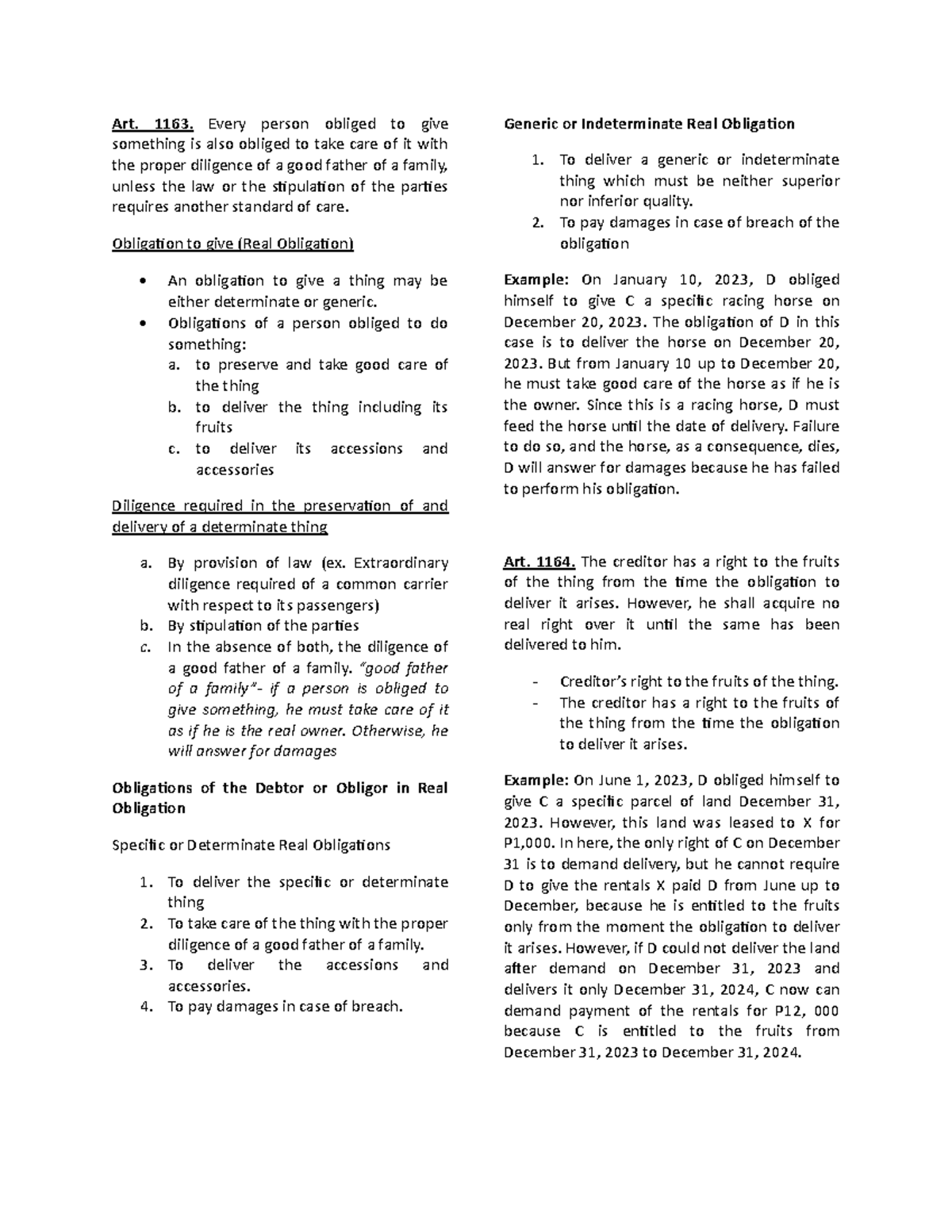 Chap 2 oblicon - notes - Art. 1163. Every person obliged to give ...