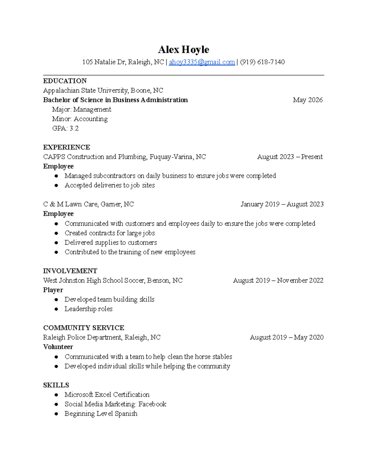 Resume for class - Alex Hoyle 105 Natalie Dr, Raleigh, NC | ahoy3335 ...