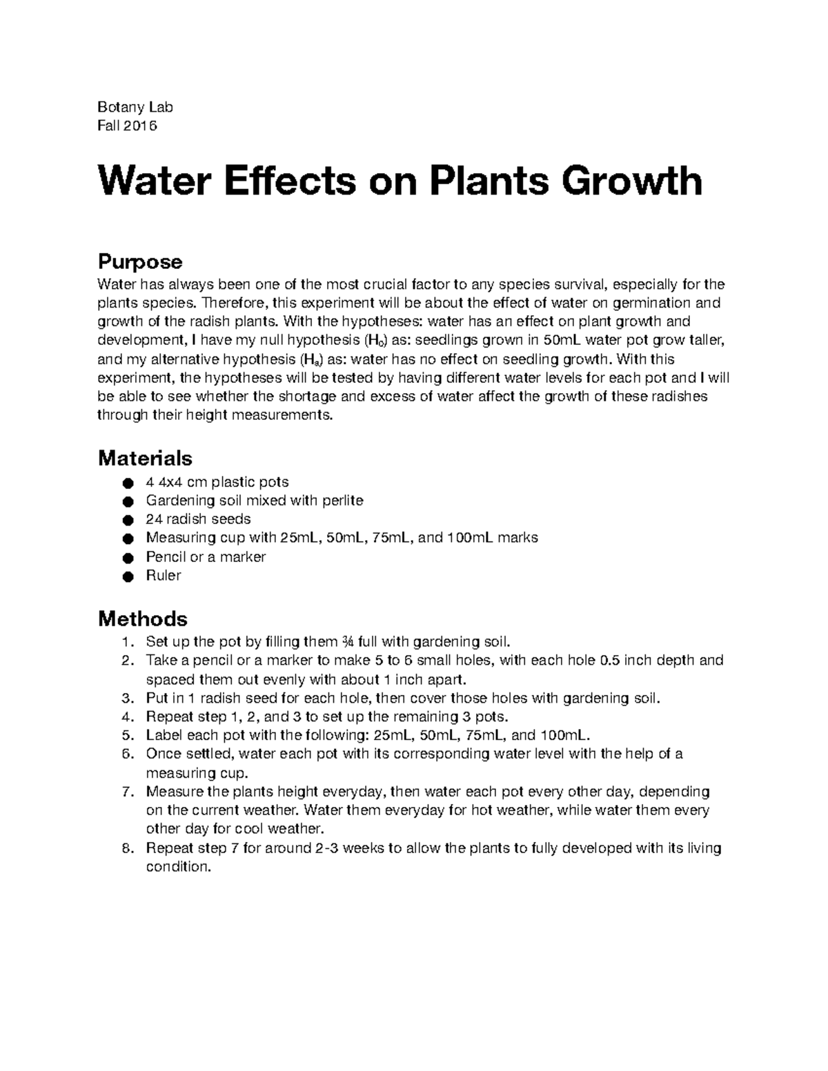 Botany Lab Report - Botany Lab Fall 2016 Water Effects on Plants Growth ...