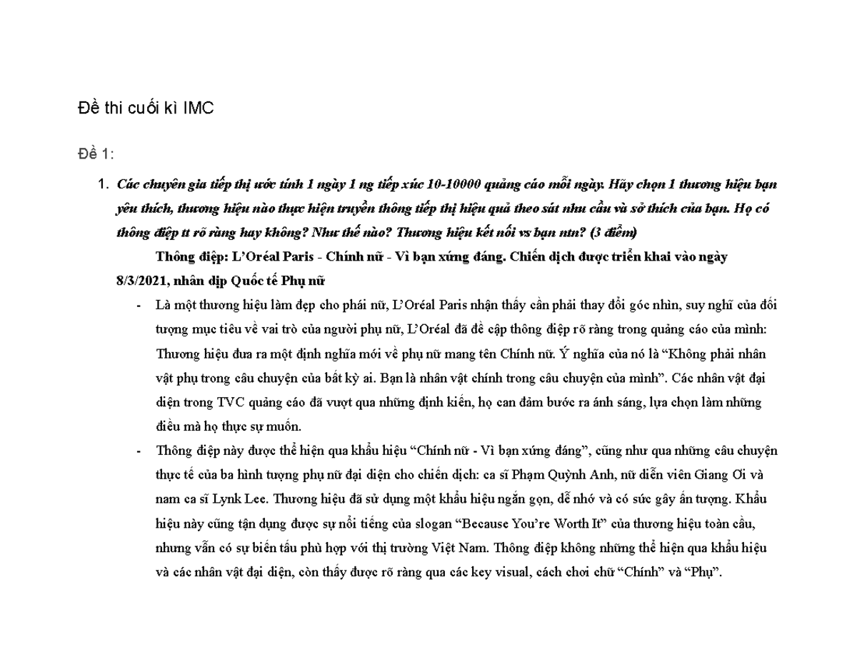 Đề thi cuối kì IMC - Đề thi cuối kì IMC Đề 1: Các chuyên gia tiếp thị ước tính 1 ngày 1 ng tiếp ...