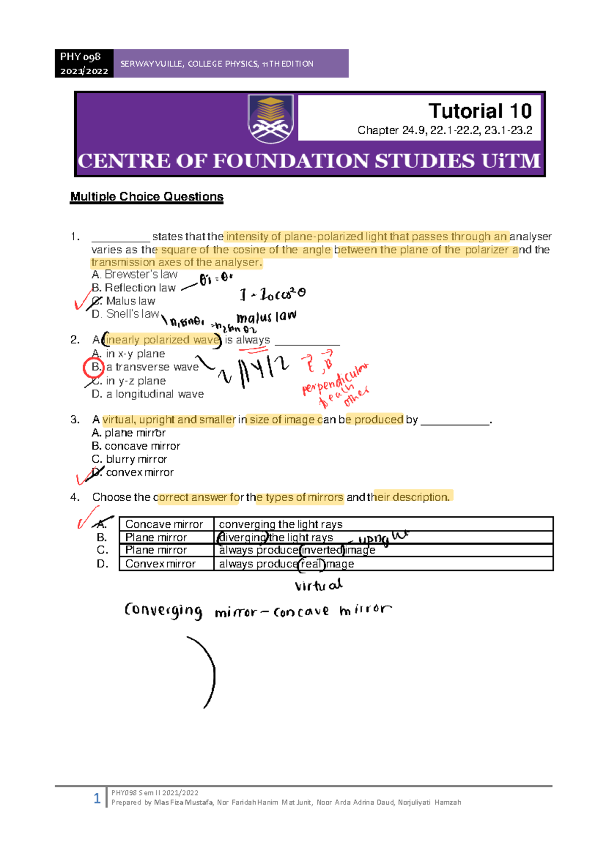 TUTO 10 - PHY 098 2021 /202 2 SERWAY VUILLE, COLLEGE PHYSICS, 11TH EDITION 1 PHY09 8 Sem II 202 ...