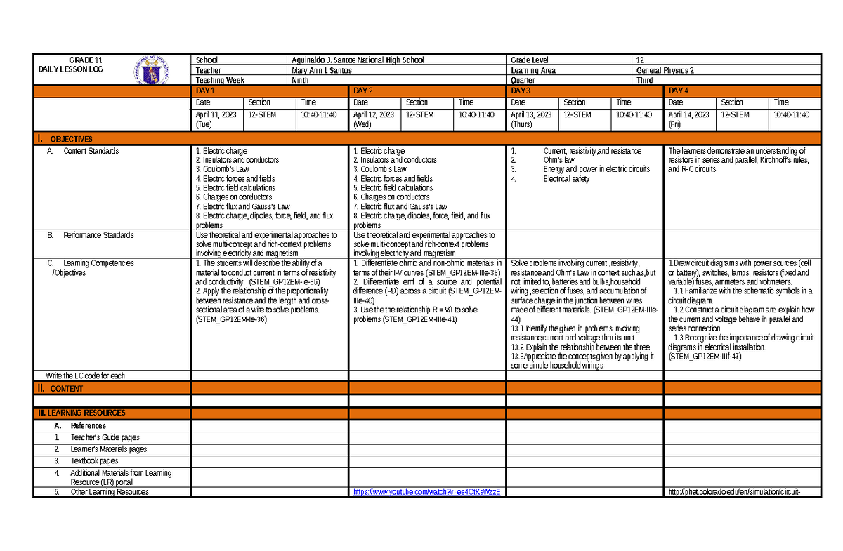 GP2-9th WEEK DLL - DLL - GRADE 11 DAILY LESSON LOG School Aguinaldo J ...