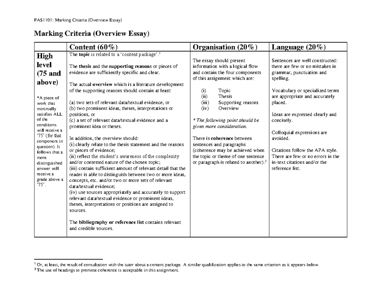 Marking Criteria (Assignment 2 Overview Essay) - Marking Criteria (Overview Essay) Content ( 60 ...